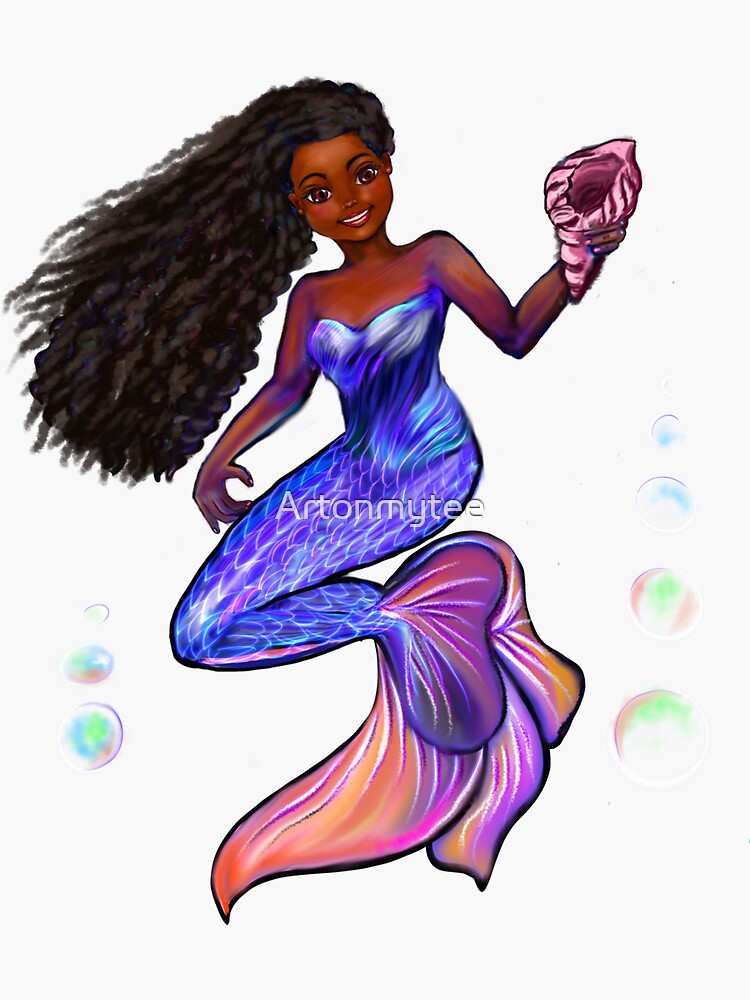 "Mermaid holding sea shell, mermaid with brown eyes, Curly rainbow hair ...