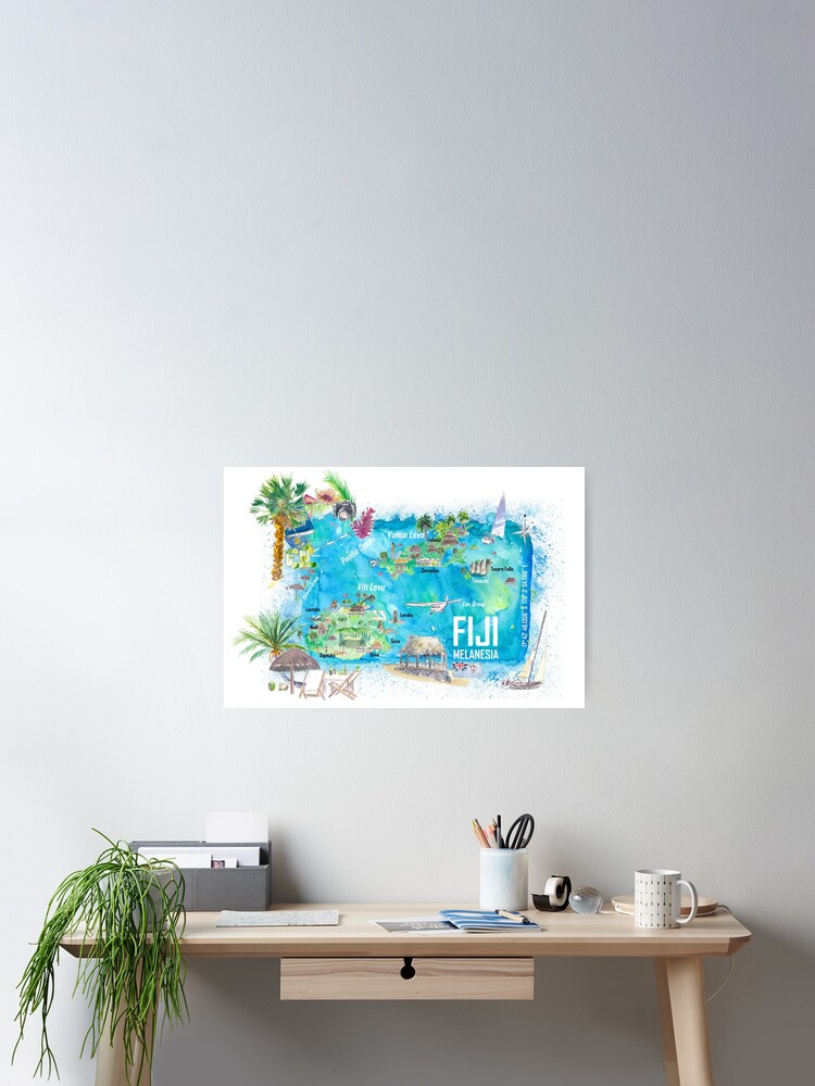 "Fiji Illustrated Polynesia Island Travel Map with Roads and Highlights ...
