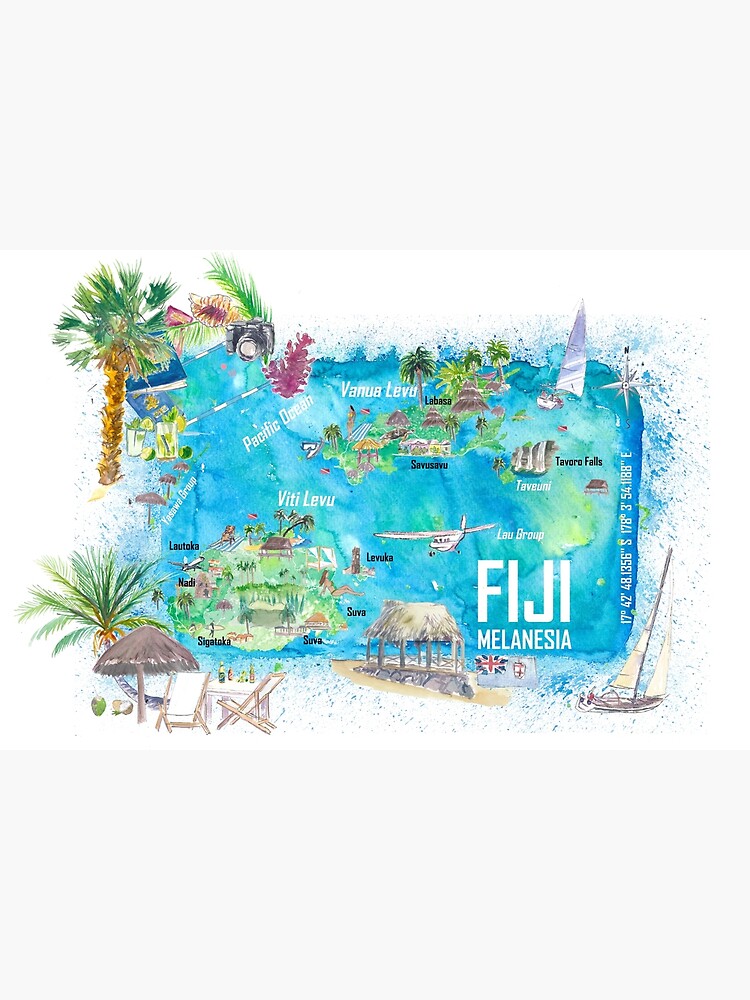 Fiji Illustrated Polynesia Island Travel Map with Roads and Highlights ...