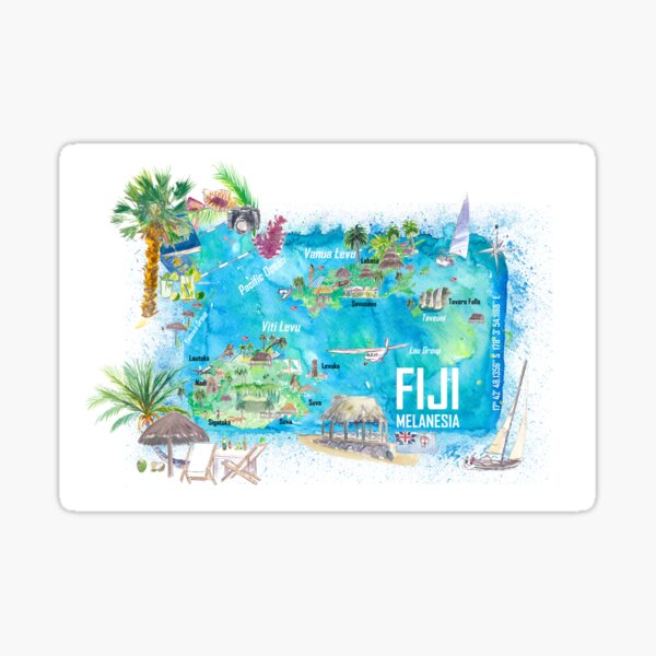 "Fiji Illustrated Polynesia Island Travel Map with Roads and Highlights ...