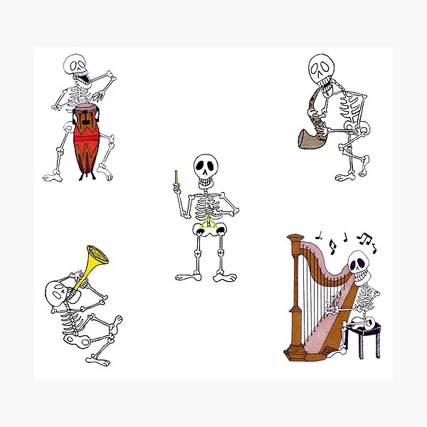 "5 Skeleton Musicians Saxophone Harp Triangle Conga Horn" Photographic ...