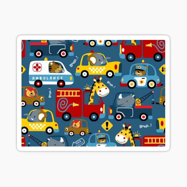 "Seamless Pattern Vehicles Cartoon with Funny Drivers" Sticker for Sale ...