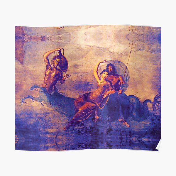 "NEPTUNE AND AMPHITRITE ON A HIPPOCAMPUS Pompeii Roman Fresco in Blue ...