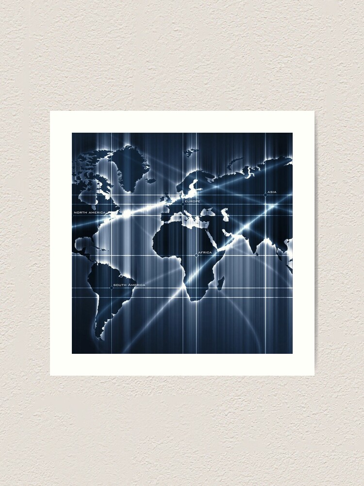 "Shining Digital World Map - Royal Blue" Art Print for Sale by ...