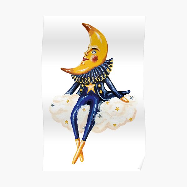 "Crescent moon man sitting on cloud" Poster for Sale by kayradcliffe ...