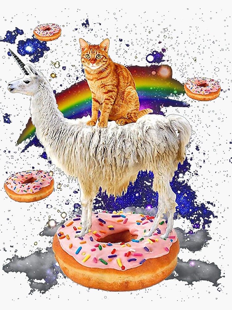 "Space Cat Riding Unicorn Llama Hunting Donuts" Sticker for Sale by ...