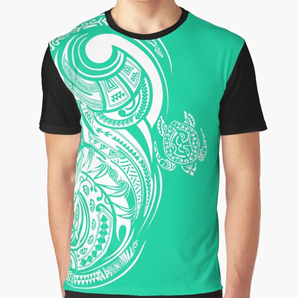 " Vintage Teal Ink Hawaiian Tribal Honu Tattoo Print" Graphic T-Shirt ...