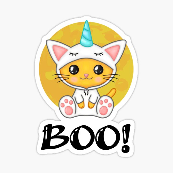 "Cute Halloween Caticorn Screaming Boo! with Full Moon " Sticker for ...