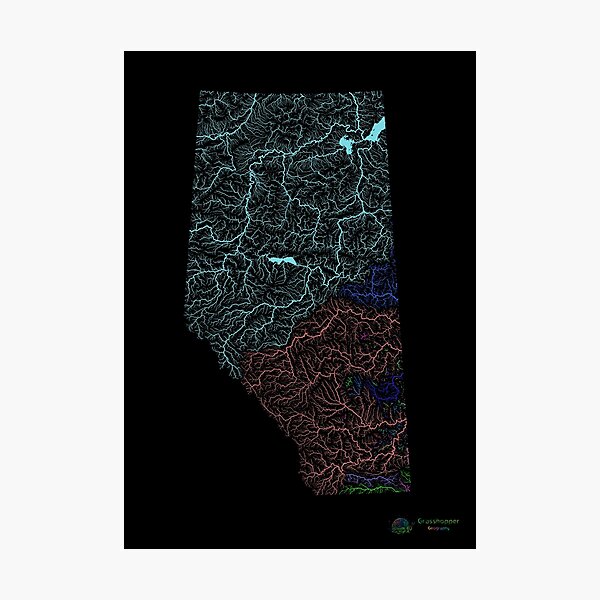 "Alberta River Basin Map in Rainbow Colours with Black Background ...