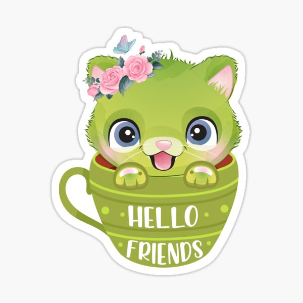 "Cute cat in a cup "Hello Friends"" Sticker for Sale by dogacakdag ...
