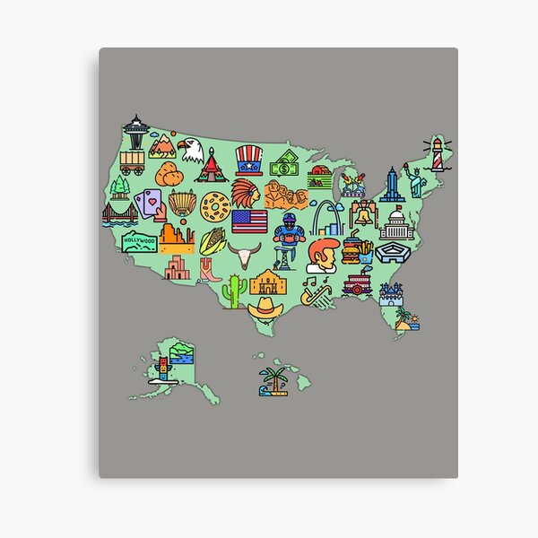 "map of USA with icons of symbols, culture and landmarks, attractions ...