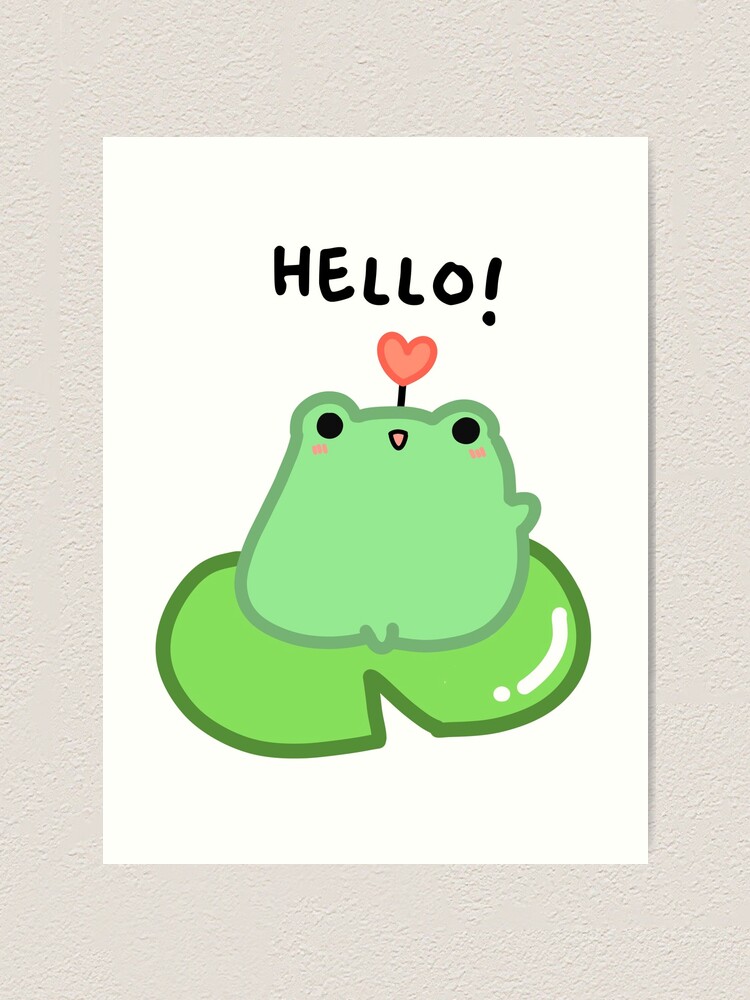"kawaii cute green frog on water lilly saying hello" Art Print by ...