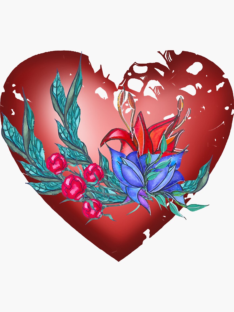 Pegatina «Corazón con flores azules y rojas y ramas verdes» de ...