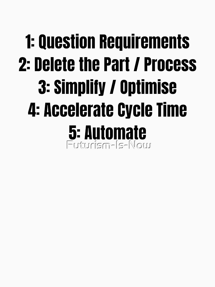 "Elon Musk - 5 Step Engineering Process" T-shirt by Futurism-Is-Now ...