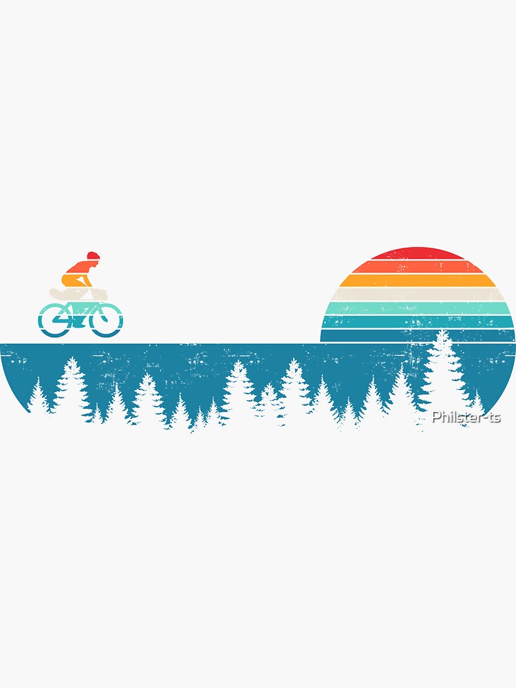 "Retro bikepacker with pine trees in forest" Sticker for Sale by ...