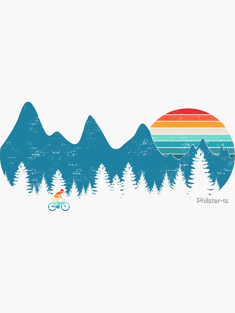 "Bikepacker with retro sunset and pine trees in a forest" Sticker for ...