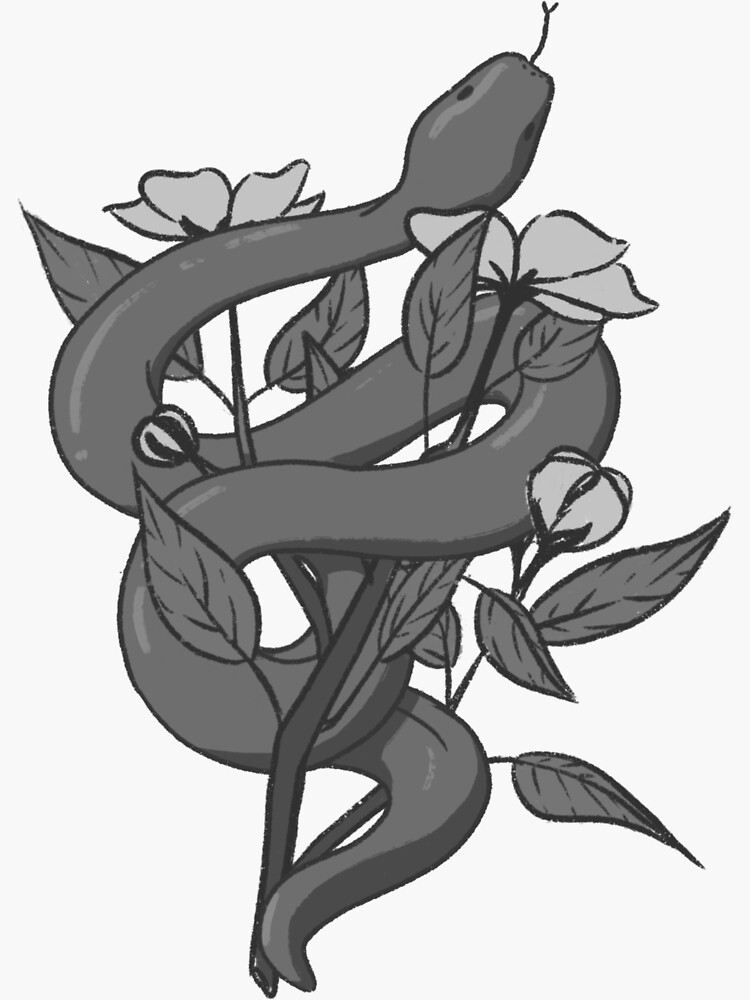 "grayscale snake with flowers" Sticker by soph-derosa | Redbubble