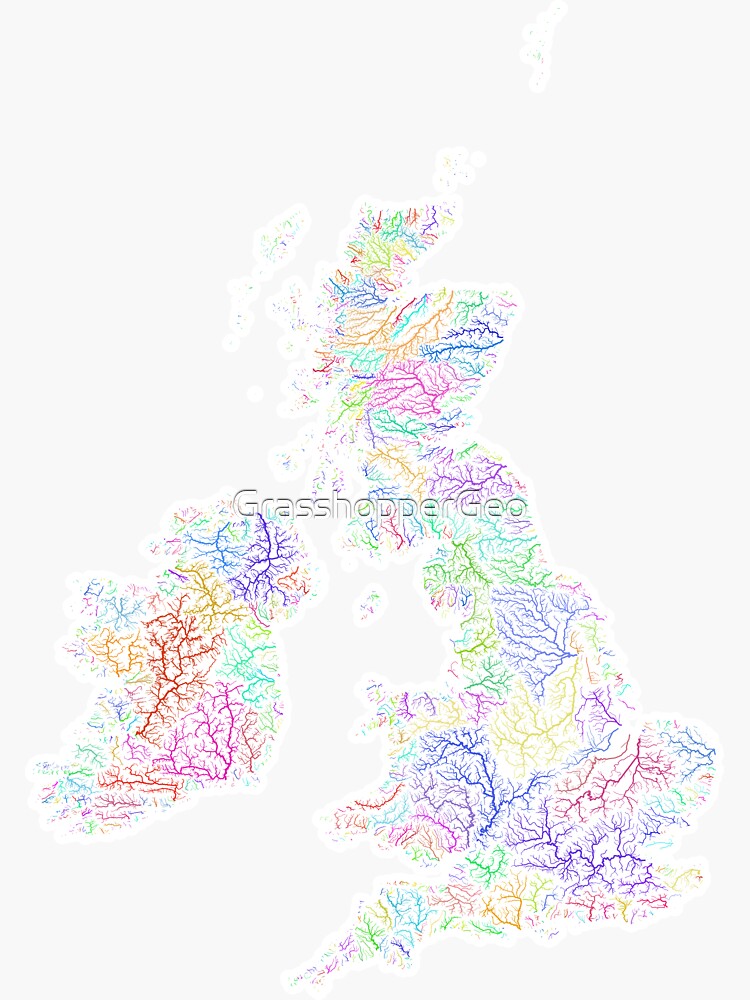 "British Isles River Basin Map in Rainbow Colours with White Background ...
