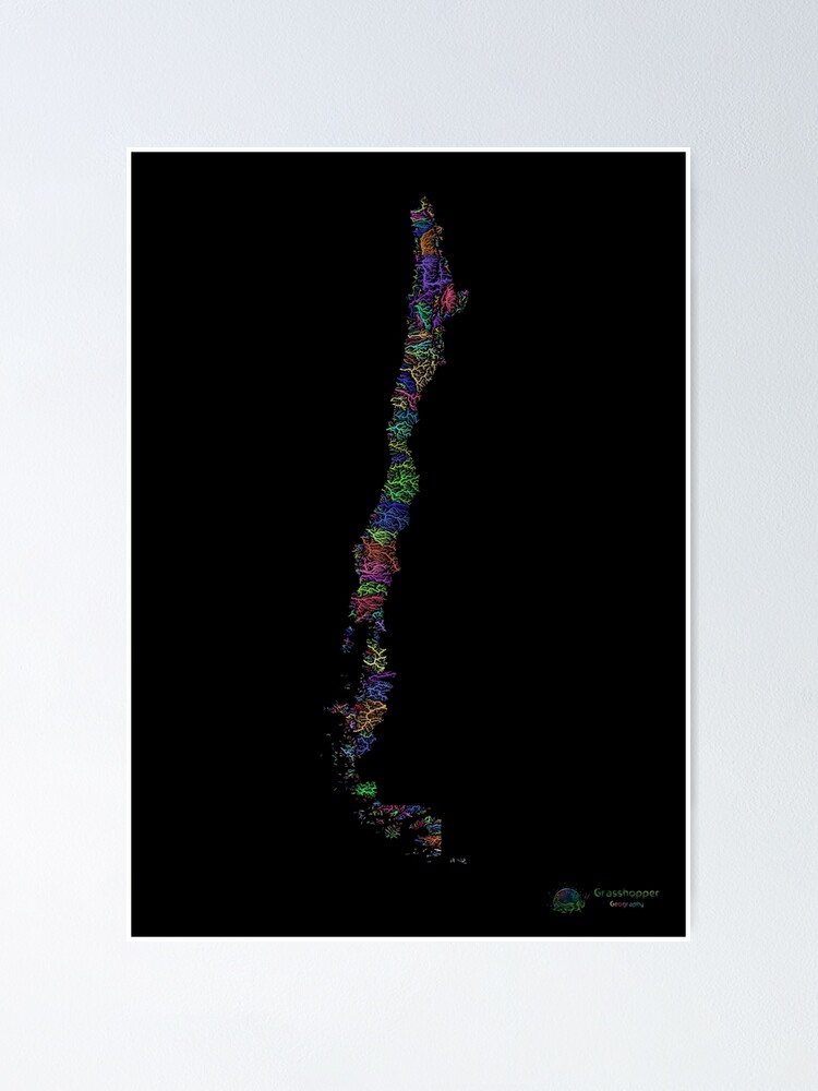 "Chile River Basin Map in Rainbow Colours with Black Background" Poster ...