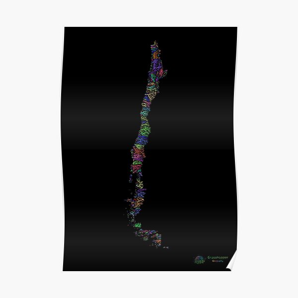 "Chile River Basin Map in Rainbow Colours with Black Background" Poster ...