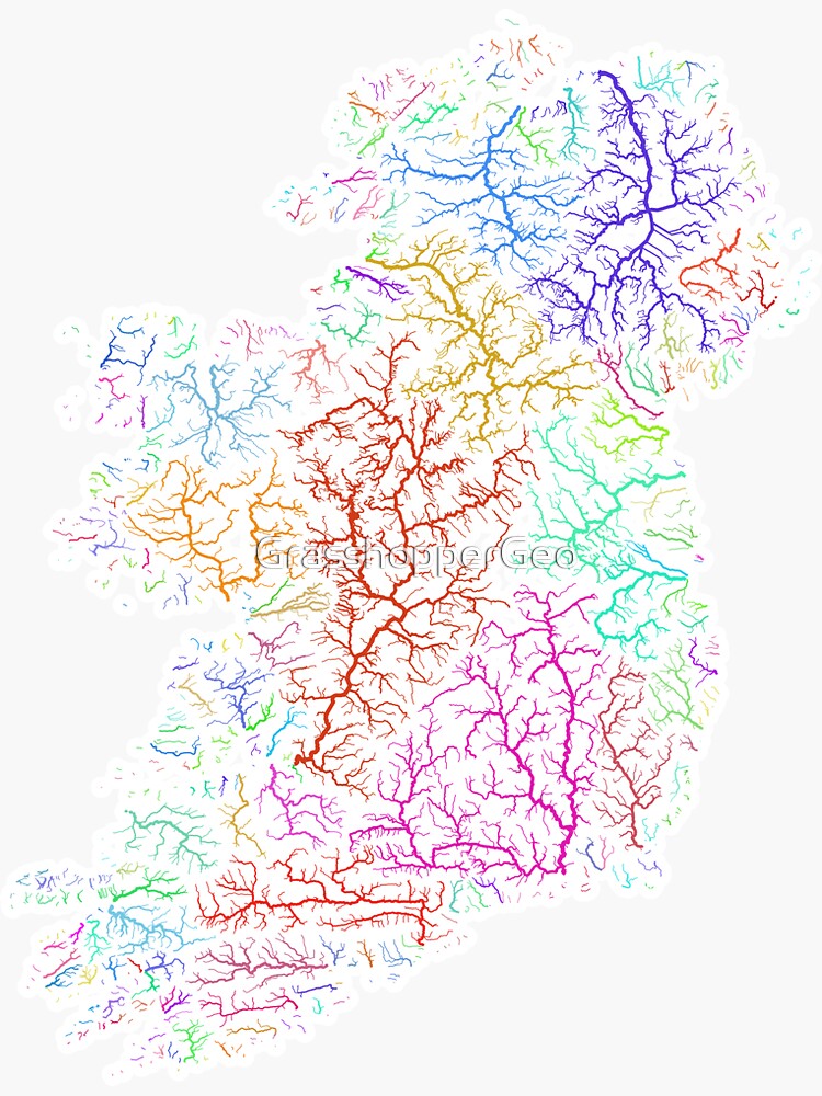 "Island of Ireland River Basin Map in Rainbow Colours with White ...