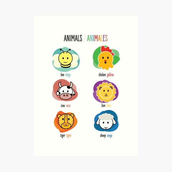 "Spanish and English Educational Animal Poster " Art Print for Sale by ...