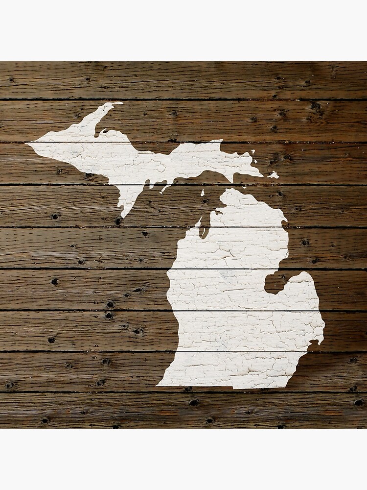 Póster «Michigan State Shape Map White Paint on Wood Planks» de map ...