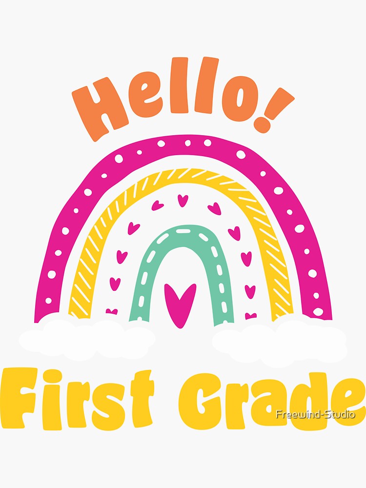 "Hello first grade retro rainbow with heart " Sticker by Freewind ...