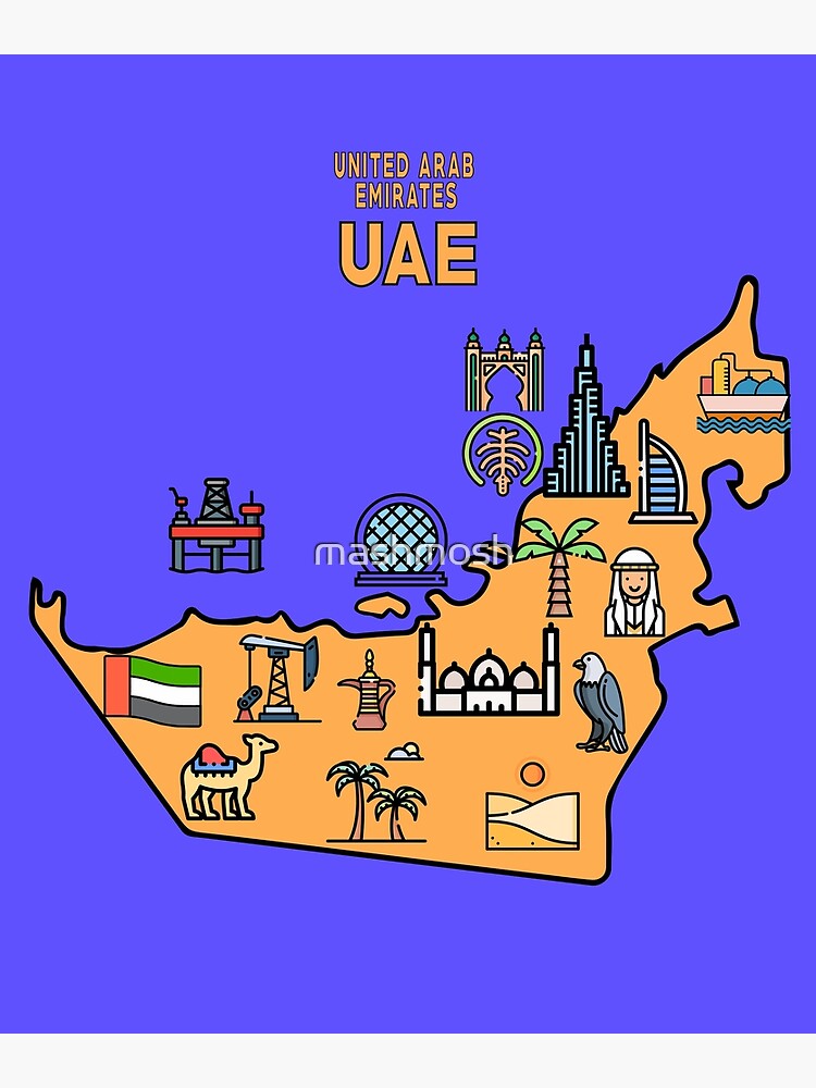 "UAE travel map. Decorative icons of famous landmarks and attractions ...