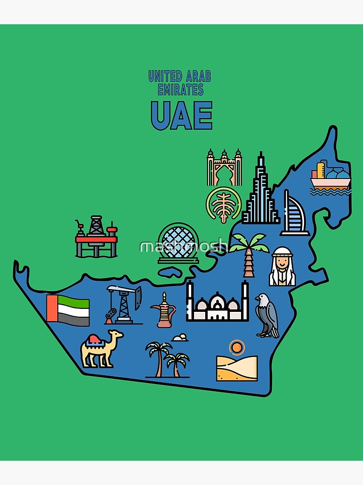 "map of United Arab Emirates with icons of country symbols, culture and ...