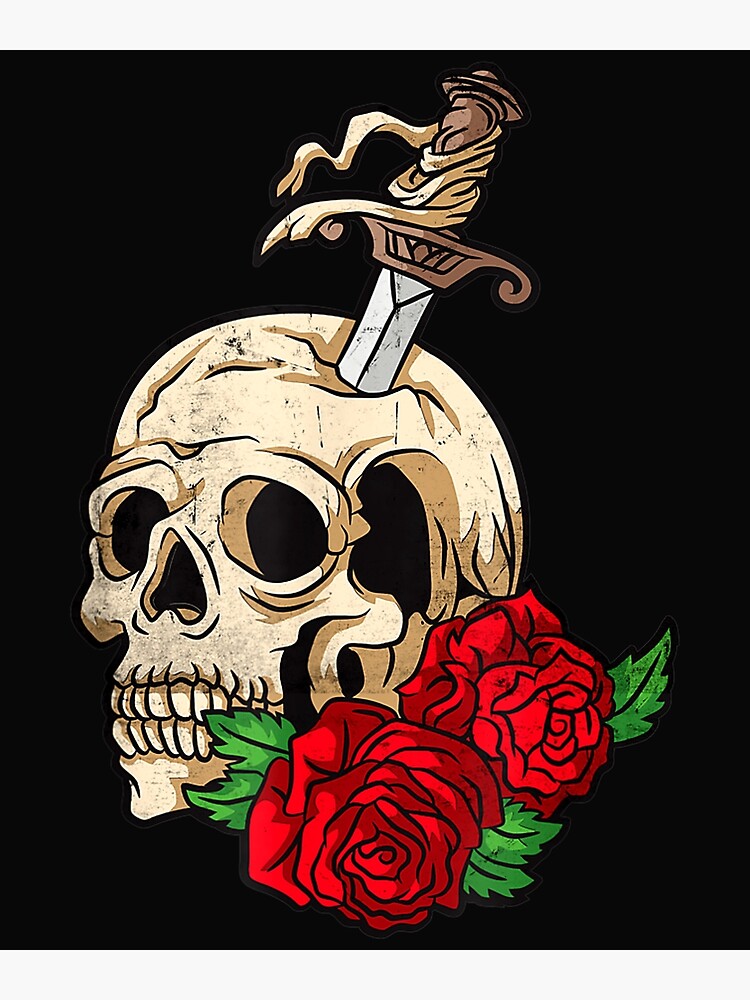 "Skeleton Skull Sword Red Rose Flower tattoo style" Art Print by ...