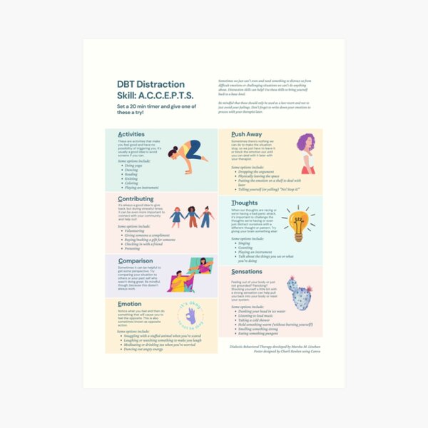 "DBT Distraction Skill: ACCEPTS" Art Print by charlirenken | Redbubble