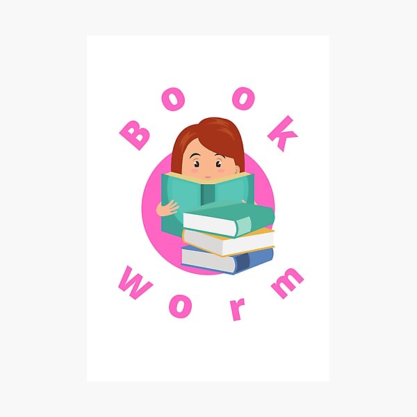 "Bookworm, pink curved text and a round design on the middle with books ...