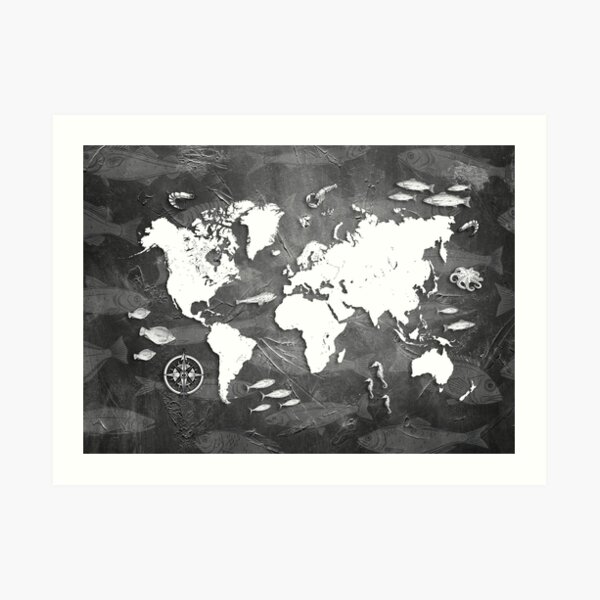 "world map blacka and white sea life #map" Art Print for Sale by JBJart ...