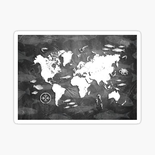 "world map blacka and white sea life #map" Sticker for Sale by JBJart ...