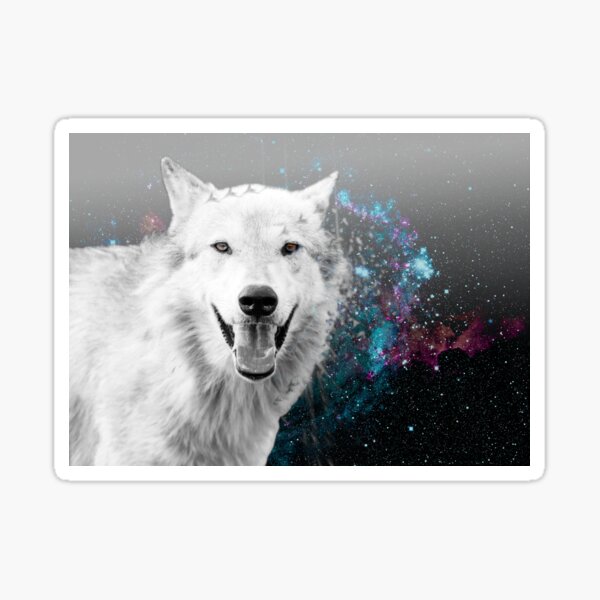 "Artwork cute white Wolf blacklight- white wolf smiling head" Sticker ...