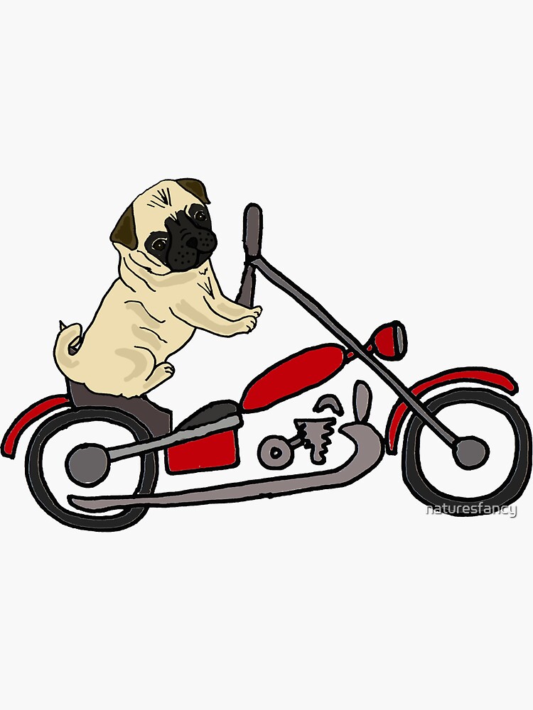 "Funny Pug Dog Riding Motorcycle Cartoon" Sticker for Sale by ...