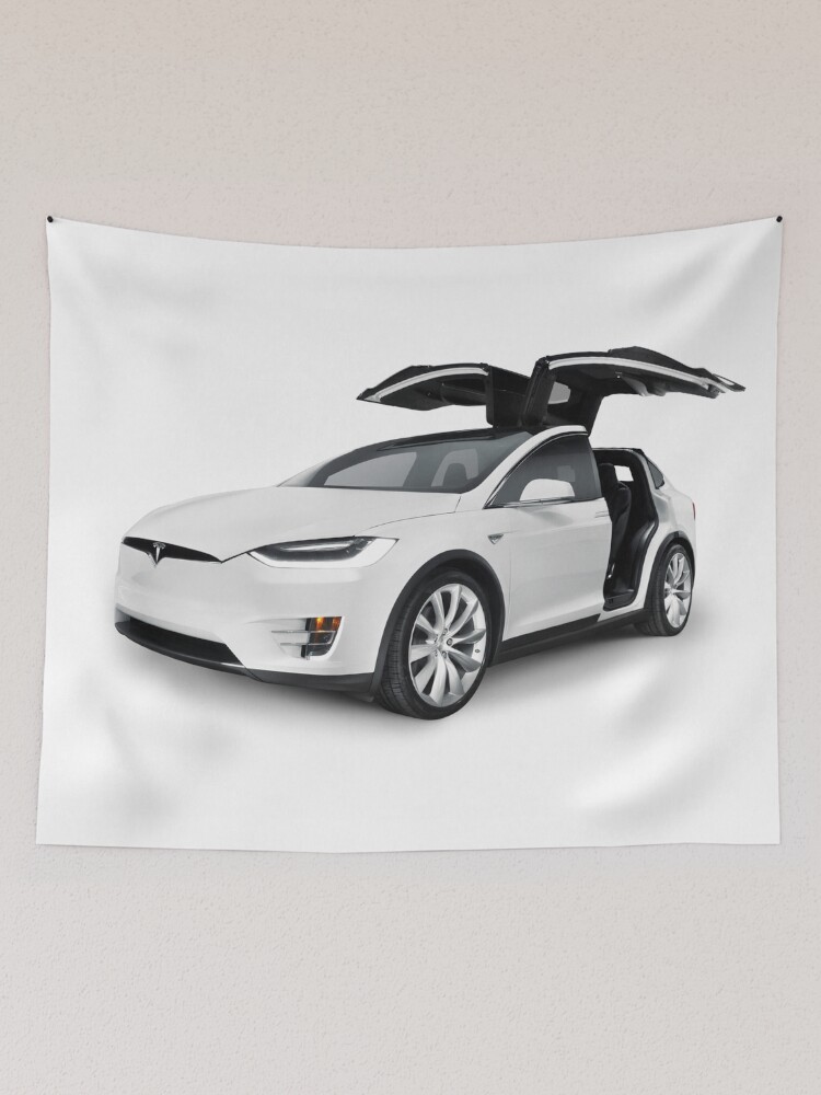 White 2017 Tesla Model X luxury SUV electric car with open falcon wing doors art photo print Tapestry