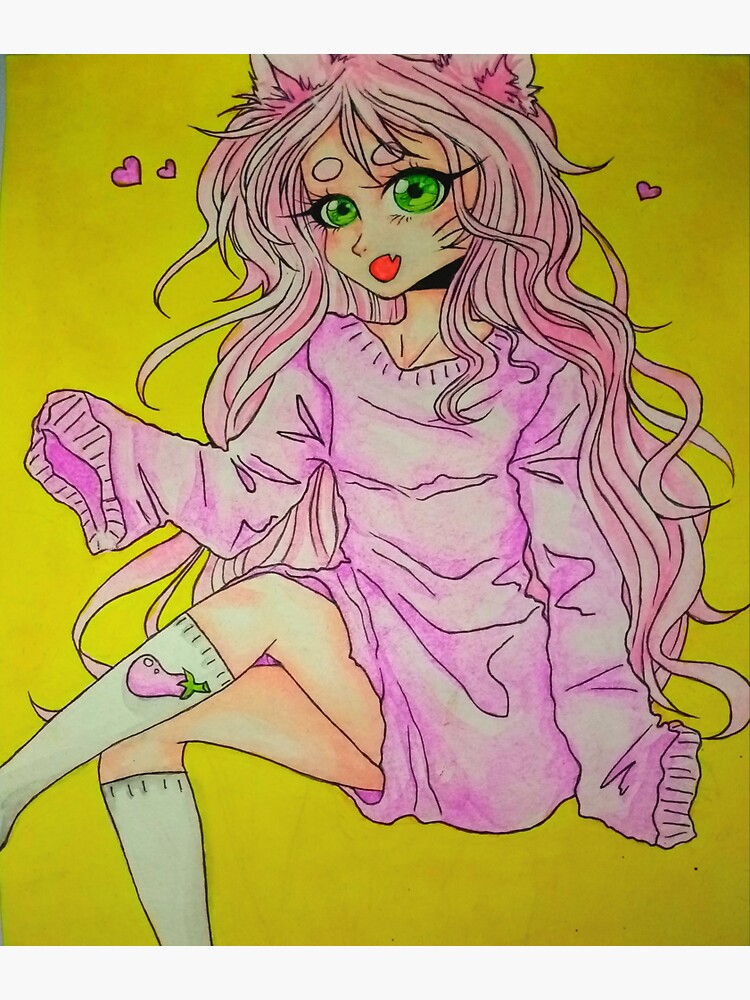 "Pink anime cat girl " Sticker by PartyOnTheMoon | Redbubble