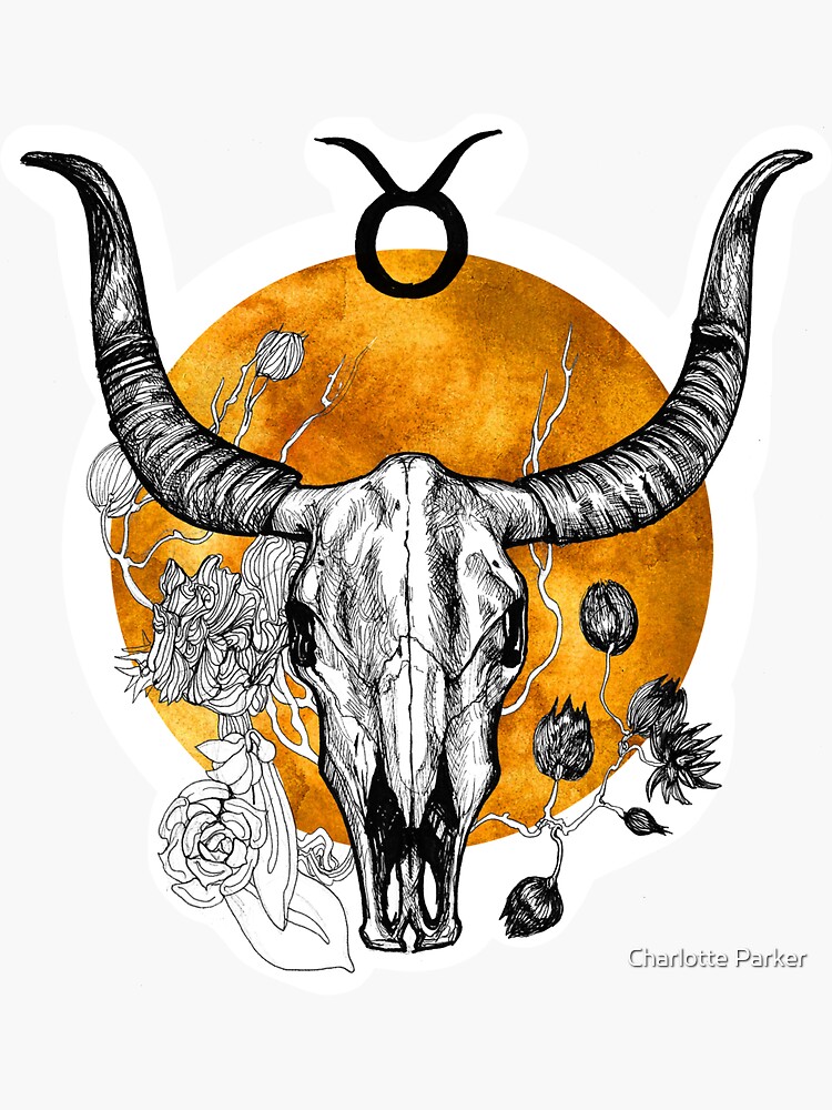 "Taurus Zodiac Signs, Bull Skull Ink Illustration" Sticker by ...