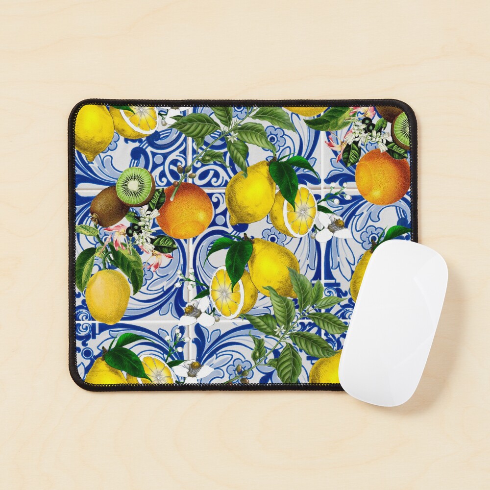 "Mediterranean Lemon on Blue Ceramic Tiles" Sticker for Sale by kapotka ...