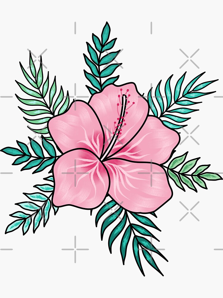 " Hibiscus flower illustration, pink hawaii floral design, palm leaves ...
