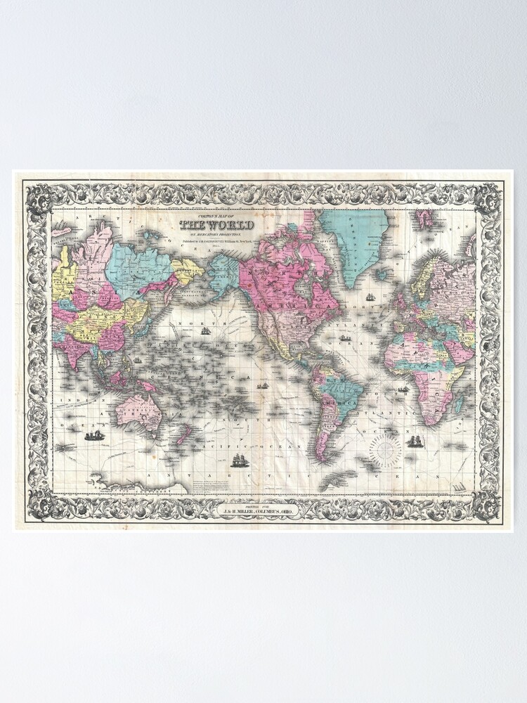 "Vintage Map of The World (1852)" Poster by BravuraMedia | Redbubble