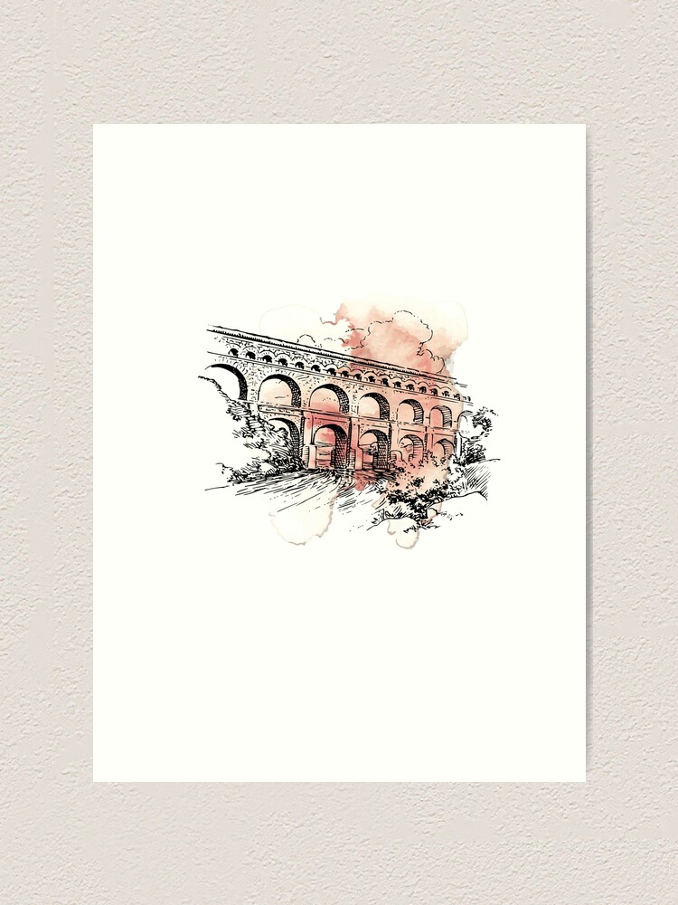 "old line art bridge sketch with brown watercolor" Art Print for Sale ...