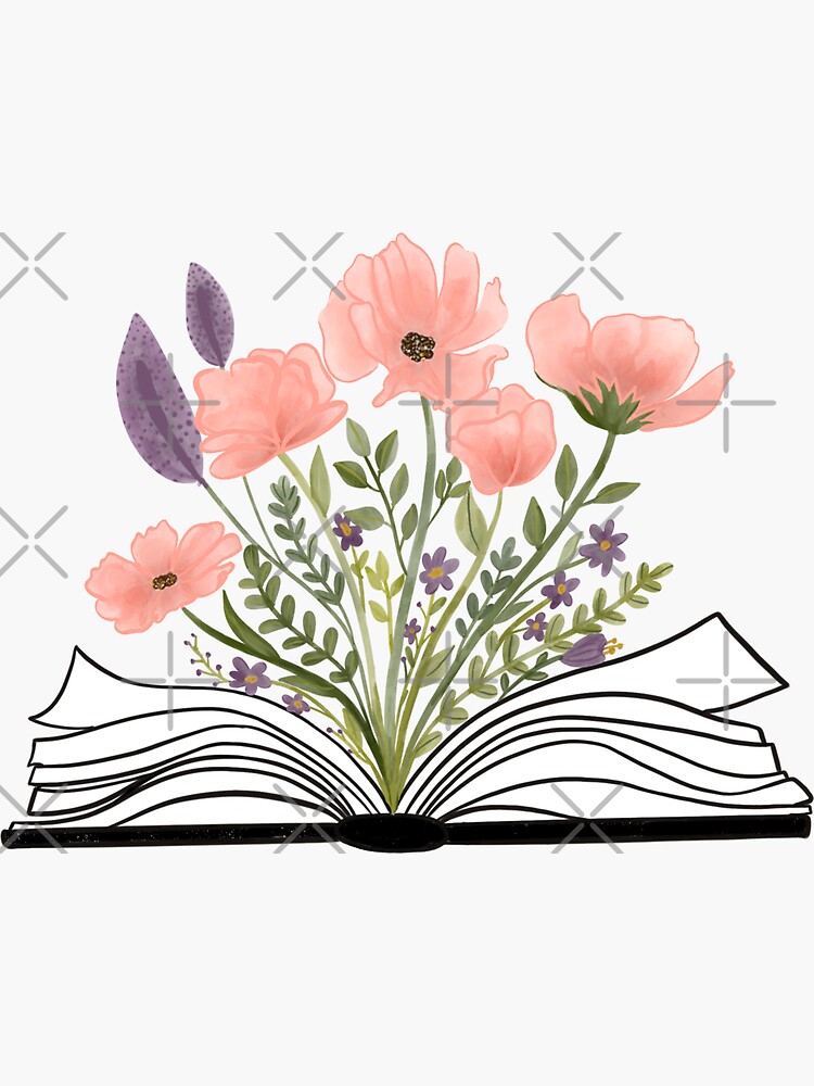 "Watercolor Open Book with Florals Pink Flowers" Sticker for Sale by ...