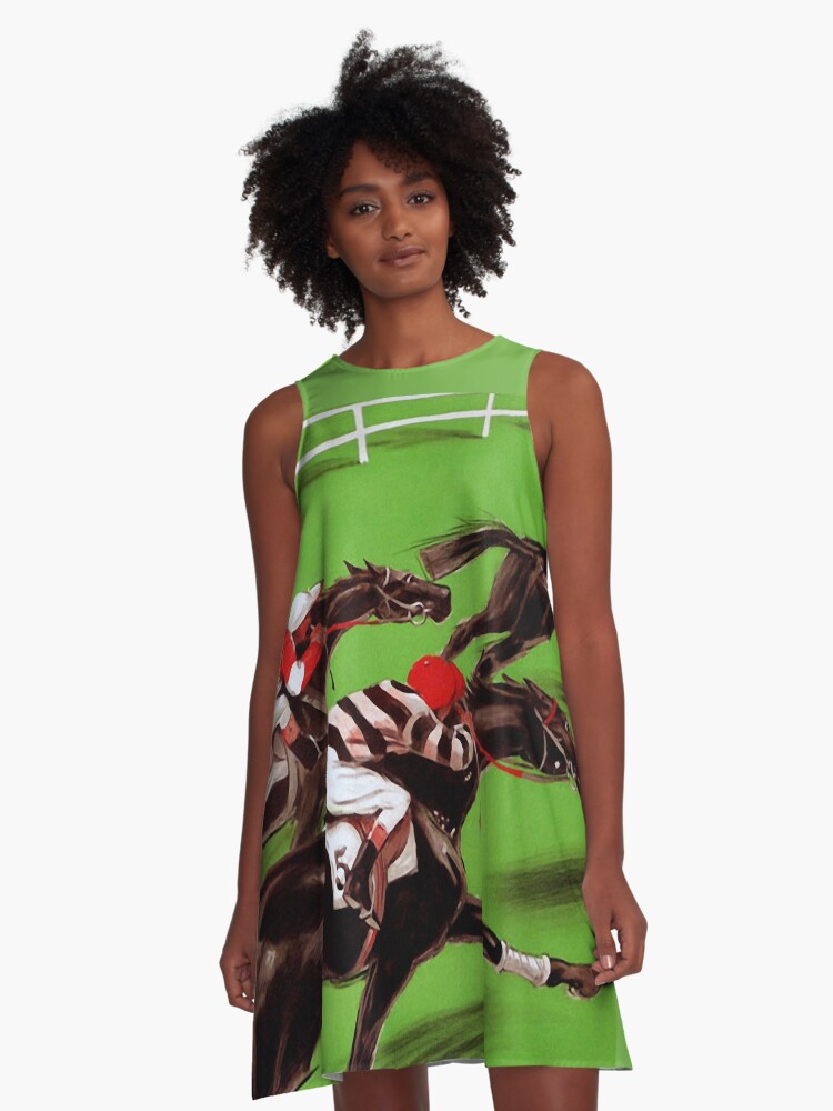 "Vintage horse racing sport and travel advert" A-Line Dress for Sale by ...