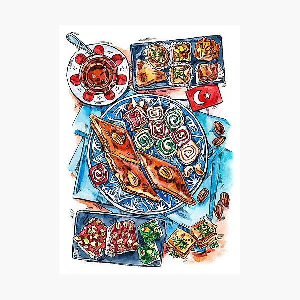 Lámina fotográfica «Dulces turcos. Ilustración de dibujo de acuarela ...