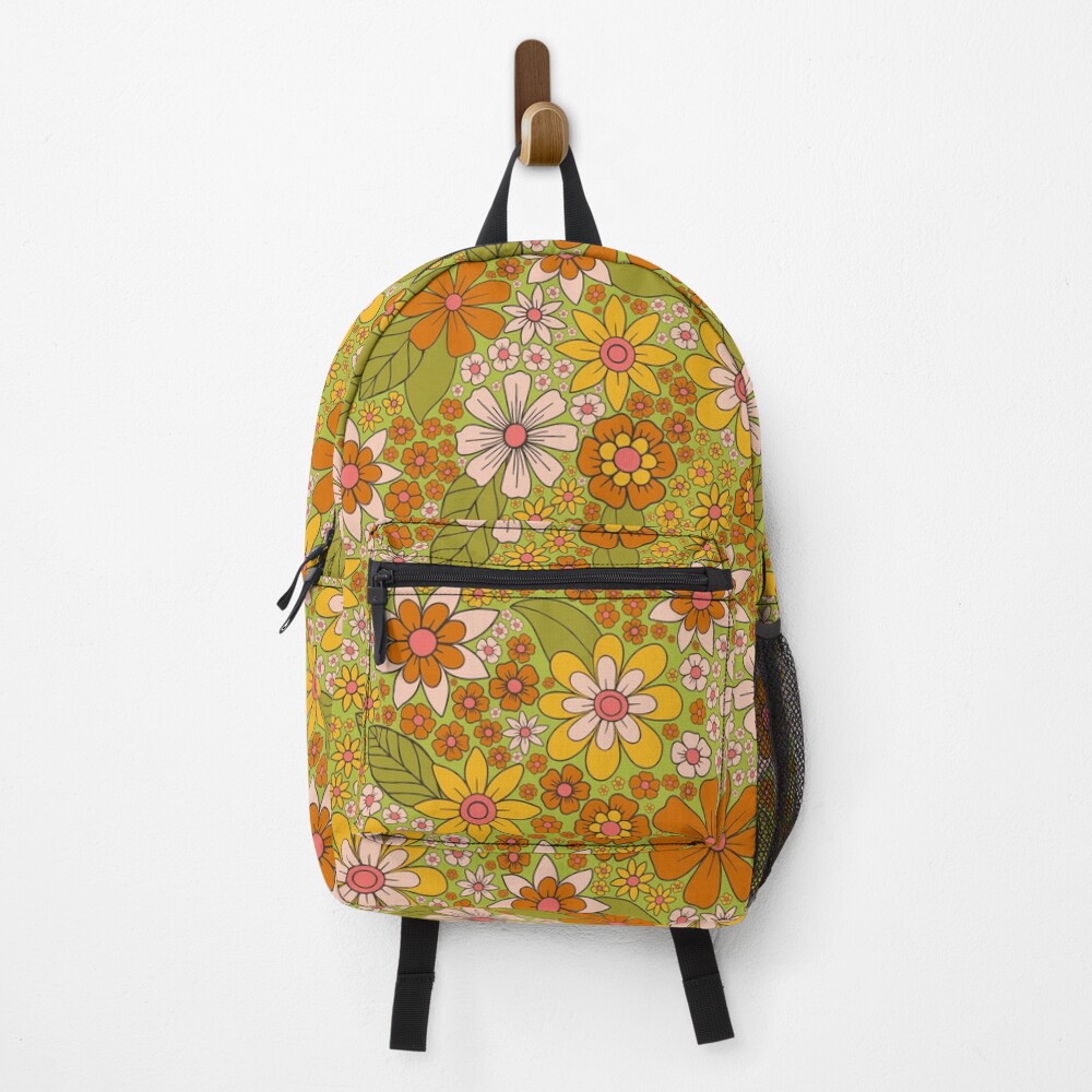 1960s, 1970s Retro Floral in Green, Pink & Orange Flower Power Backpack ...