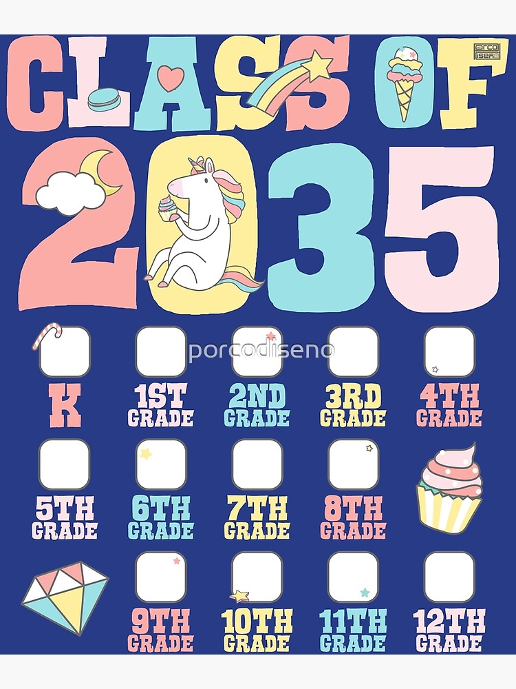 "Cute Unicorn Graduation Class of 2035 Grow with Me Checklist" Poster ...