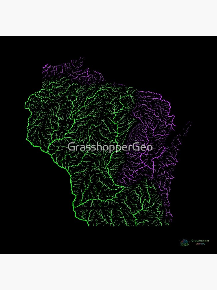 "Wisconsin River Basin Map in Rainbow Colours with Black Background ...